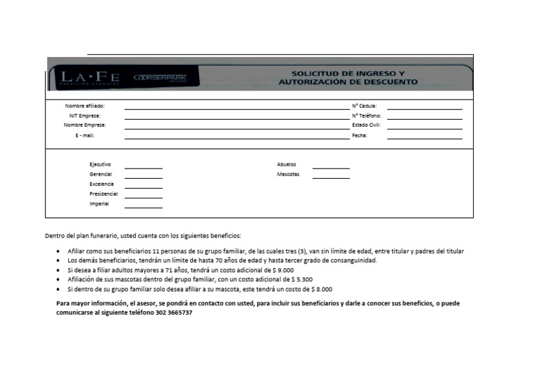 Formato Afiliacion Plan Funerario | PDF