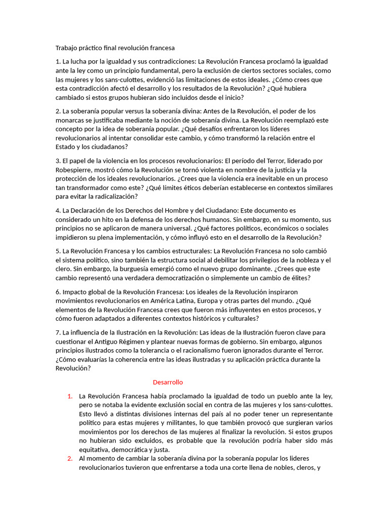 Trabajo Práctico Final Revolución Francesa 2A | PDF | revolución ...