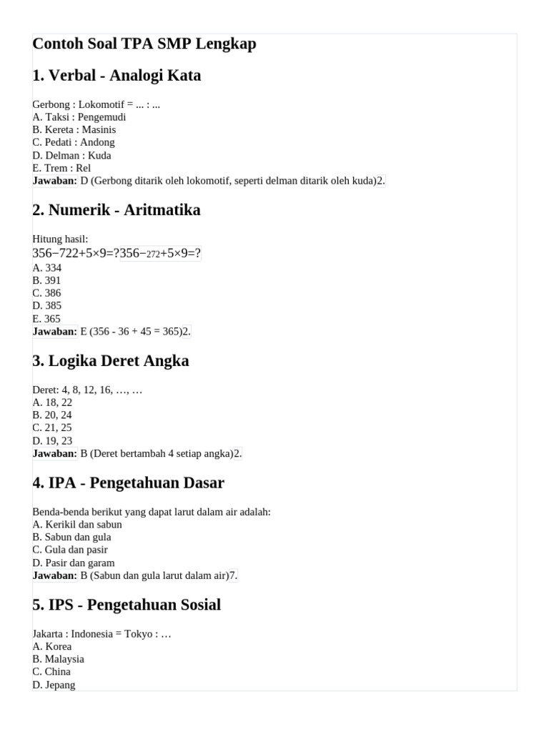 Contoh Soal TPA SMP: Analogi dan Logika | PDF