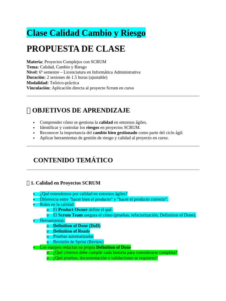 Unidad 2 Tema 2 5 Calidad Cambio y Riego | PDF | Scrum (desarrollo de software)