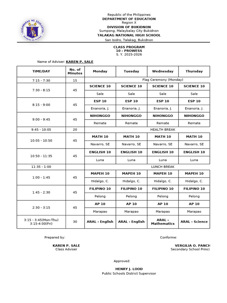 Class and Teachers Program Template | PDF | Southeast Asia | Philippines