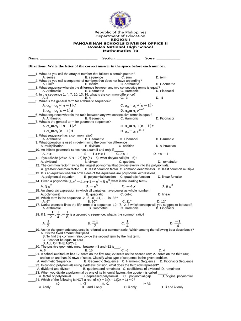 1st Quarter Exam Grade 10 | PDF | Factorization | Division (Mathematics)