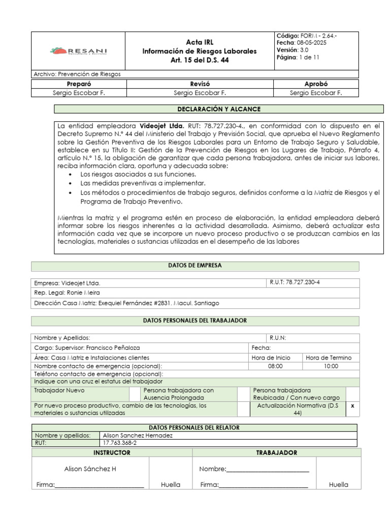 FORM - 2.64. - Acta IRL Información de Los Riesgos Laborales ...