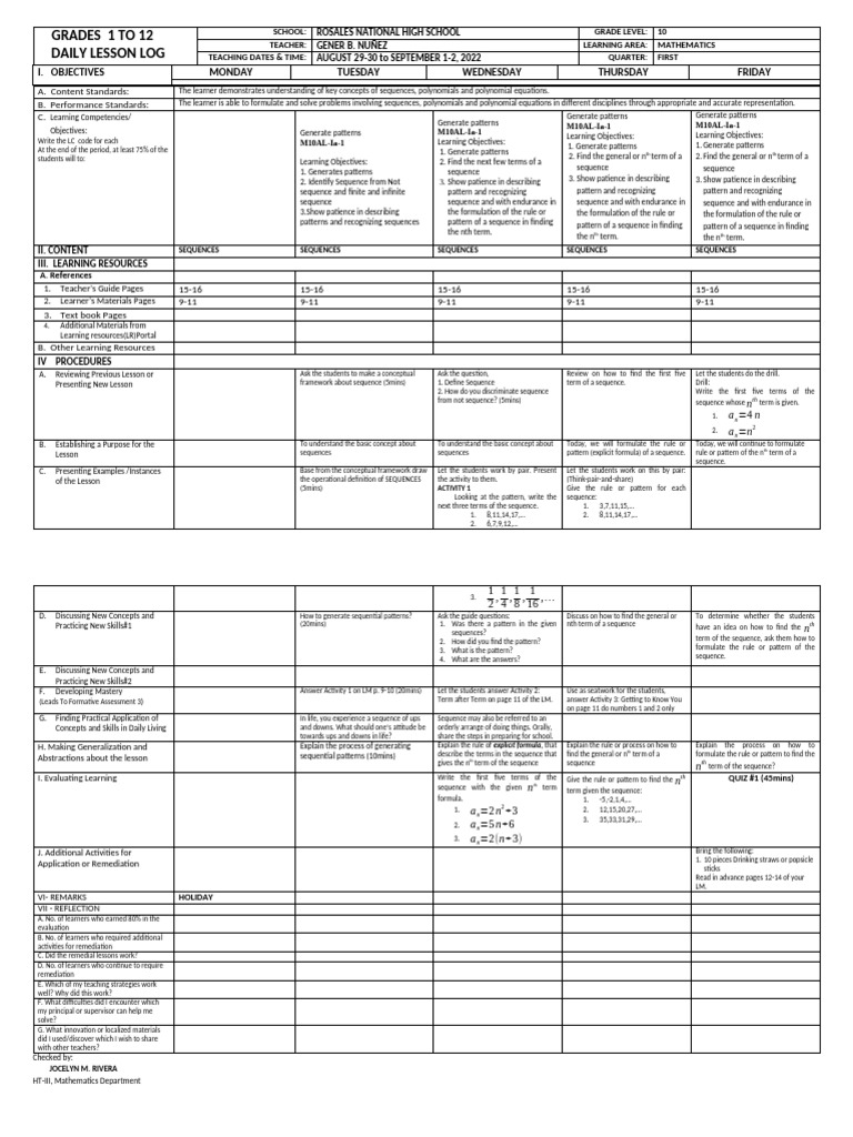 G10 MATH DLL Week 1 | PDF | Sequence | Cognition