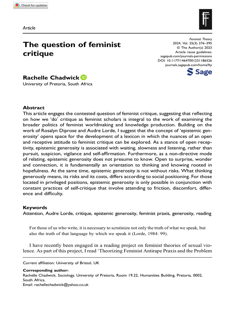 Feminist Critique and Epistemic Generosity | PDF | Feminism | Gender ...
