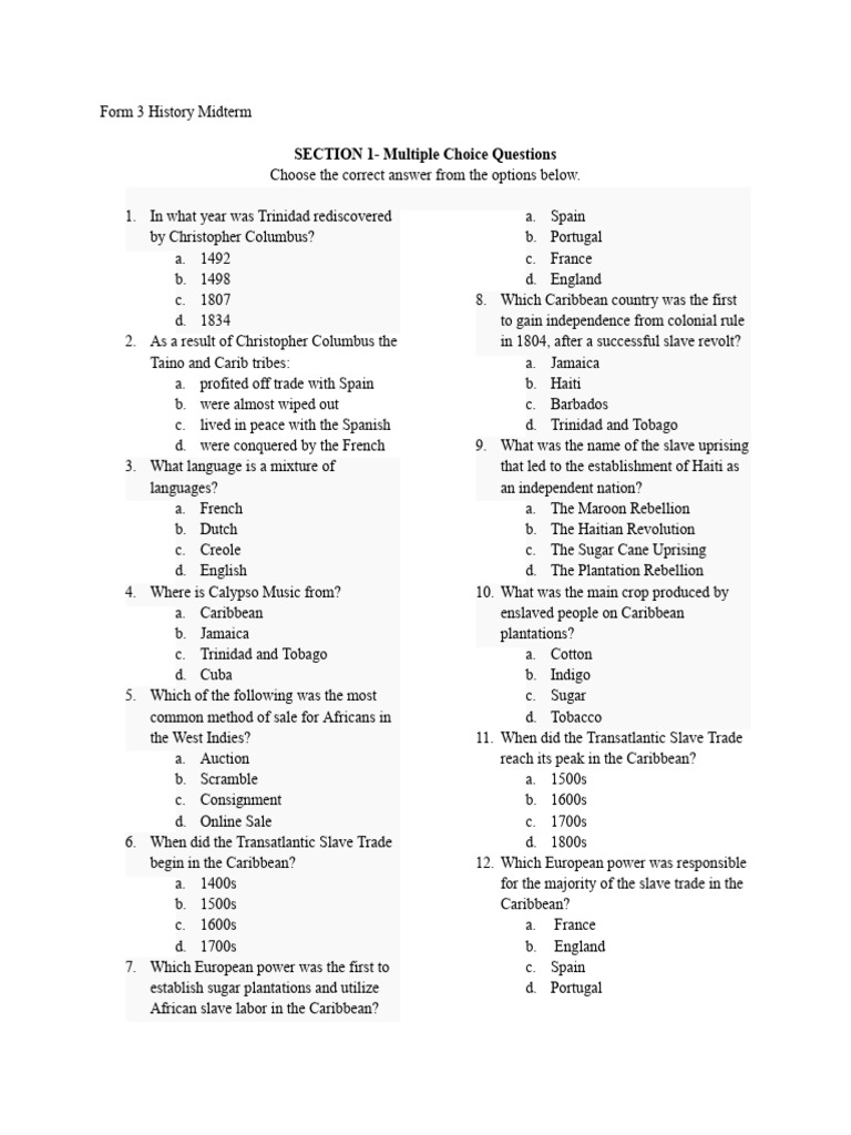 Caribbean History Midterm Exam Guide | PDF | Caribbean | European ...
