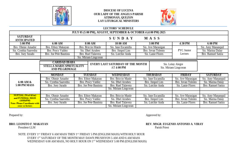 Lectors Schedule July August September October 4 2025 | PDF | Mass ...