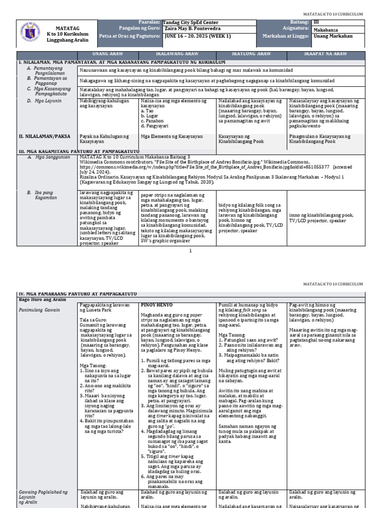 DLL Matatag Makabansa 3 q1 w1 | PDF