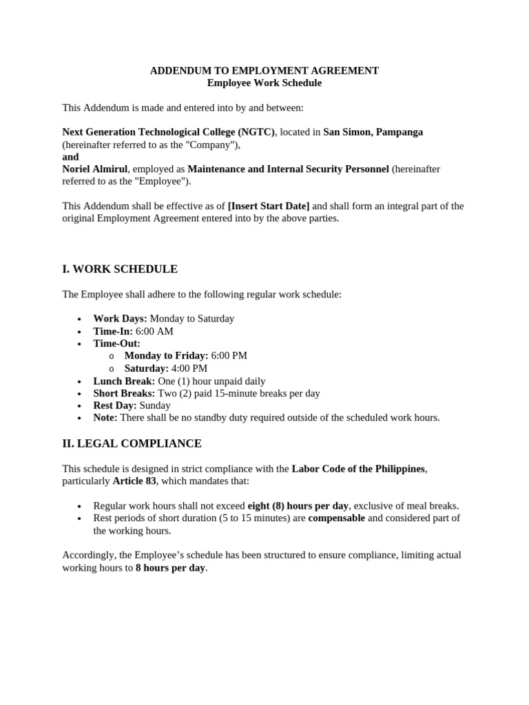 ADDENDUM TO EMPLOYMENT AGREEMENT For Noriel Almirul | PDF | Working ...