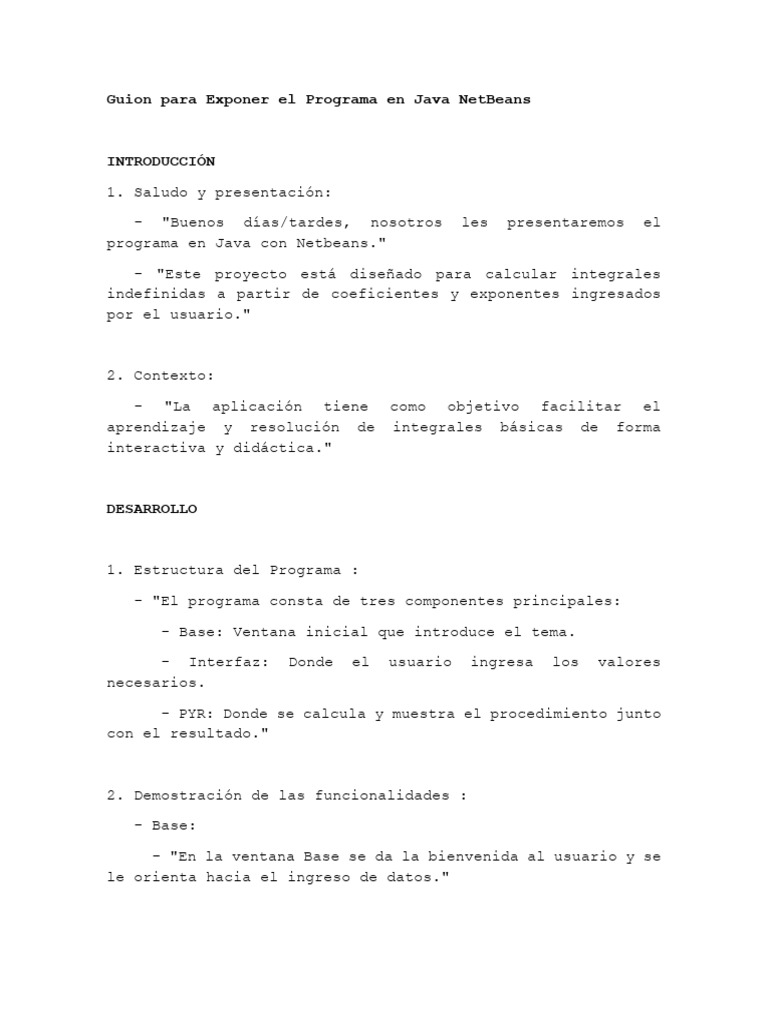 Guion para Exponer El Programa en Java NetBeans | PDF | Programa de computadora | Programación