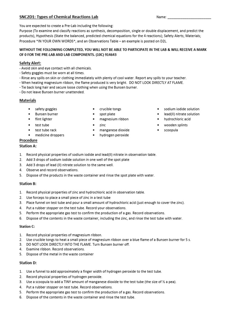 SNC2D - Types of Chemical Reactions Lab | PDF | Chemical Reactions ...