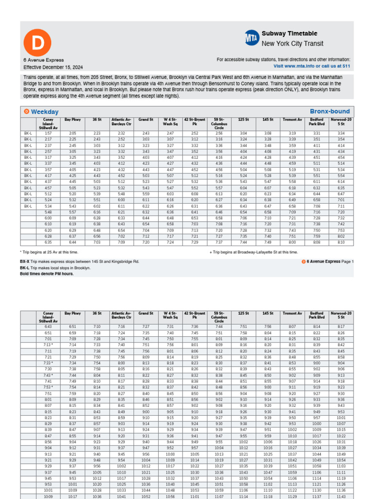MTA D Subway Timetable 20241215 | PDF | New York City | Rapid Transit