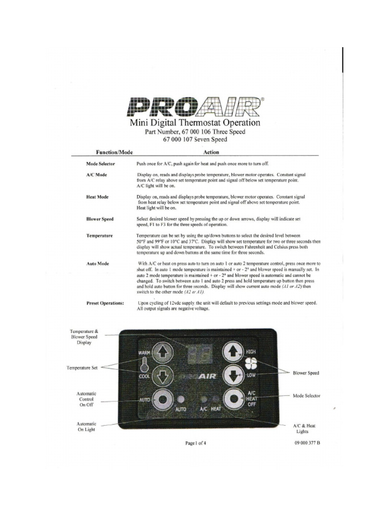 ProAir Mini Digital Therostat Operation | PDF
