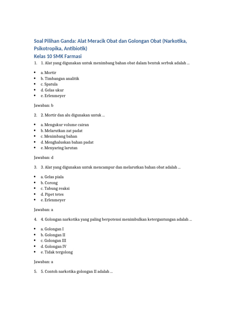 Soal Alat Meracik Dan Golongan Obat Kelas10 | PDF