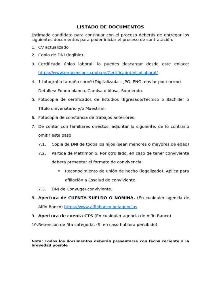 Listado de Documentos de Ingreso | PDF