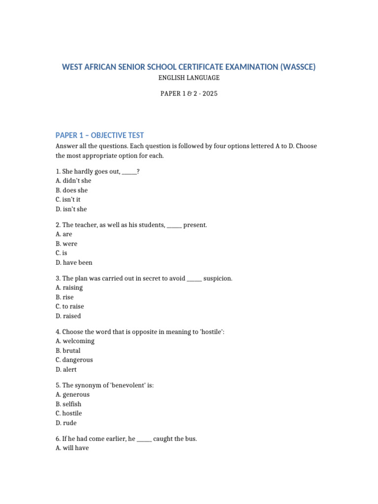 WASSCE English 2025 Sample | PDF