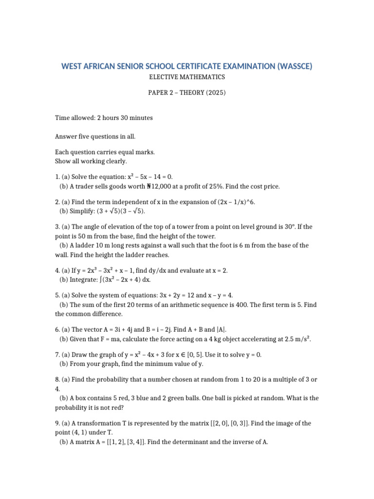 WASSCE 2025 EMaths Theory Paper | PDF