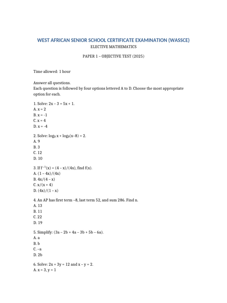 WASSCE 2025 EMaths Objective Paper | PDF | Area | Geometry