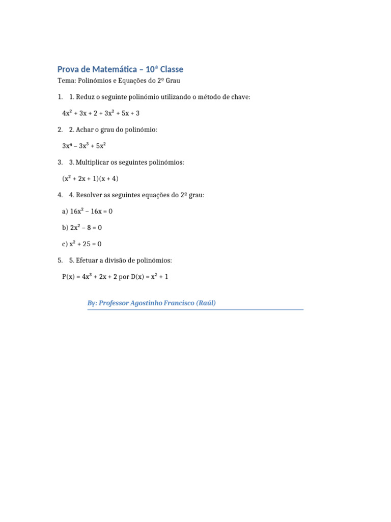 Prova de Matemática - 10ª Classe | PDF