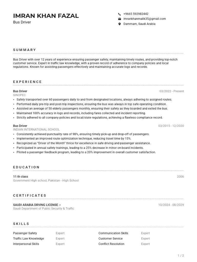 Imran Khan Fazal - Bus Driver - CV | PDF | Driving | Transport