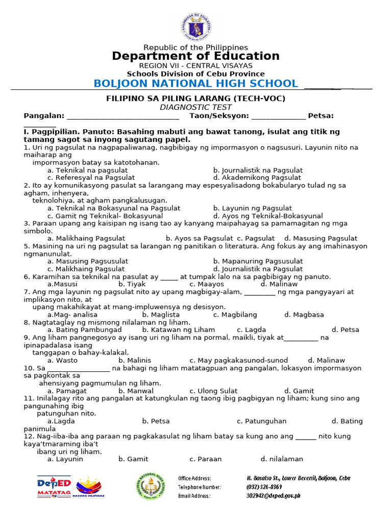 PILING LARANG (TECH-VOC) - Diagnostic Test | PDF