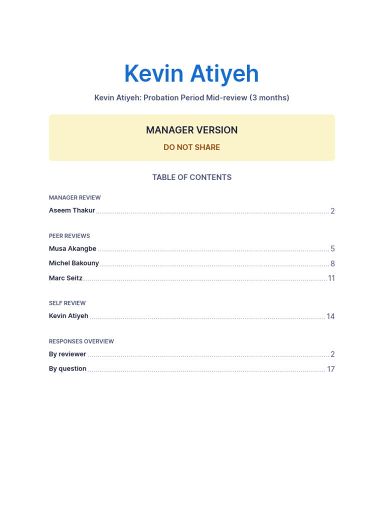 Manager Version Kevin Atiyeh Kevin Atiyeh Probation Period Mid Review (3 Months) | PDF | Peer ...