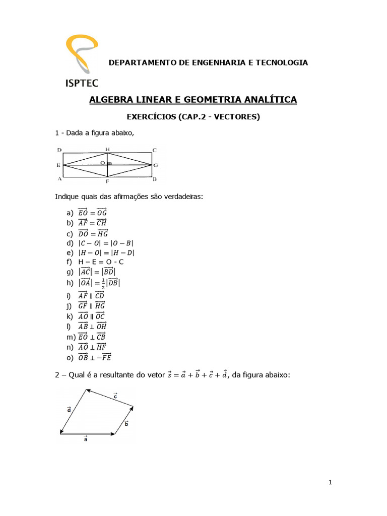 Exercícios de Álgebra Linear e Vetores | PDF | Vetor euclidiano ...