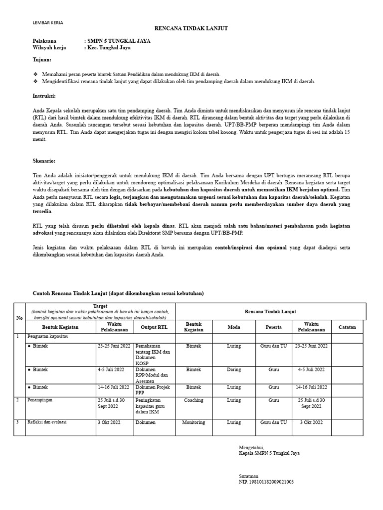 LK Rencana Tindak Lanjut - Satuan Pendidikan | PDF