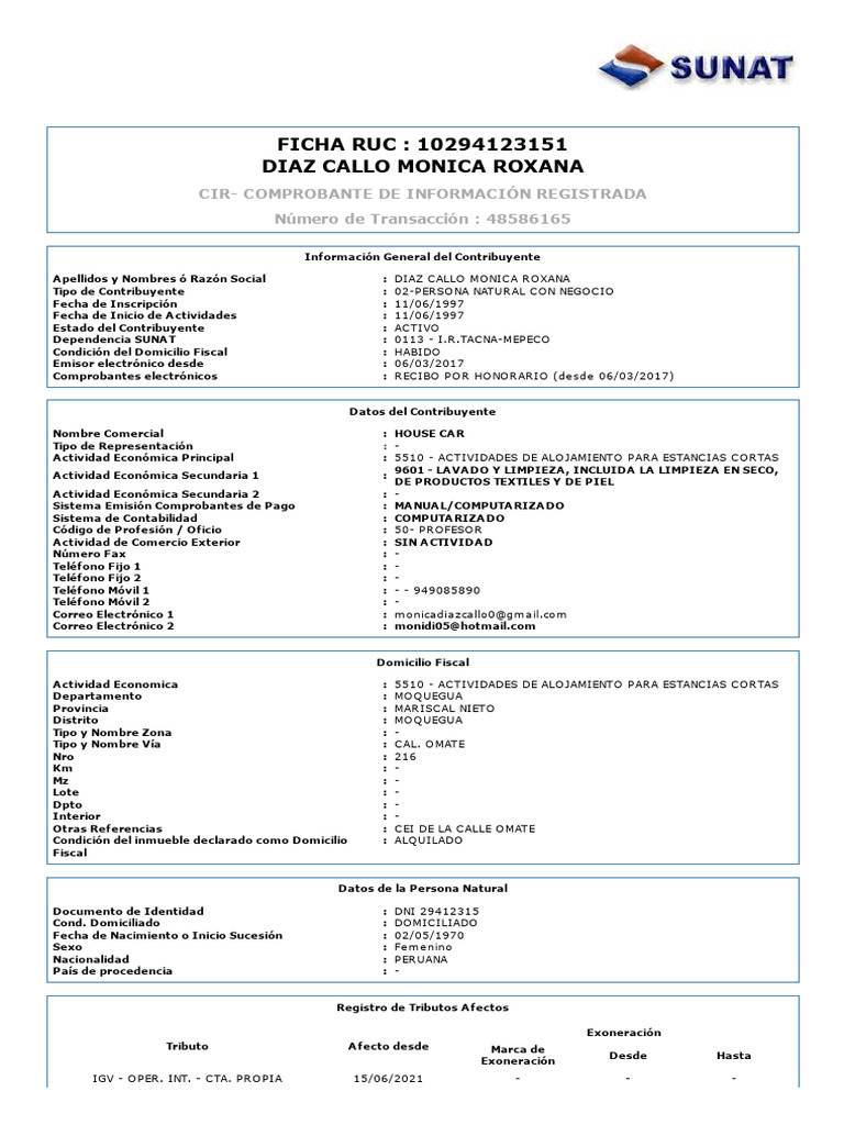 Ficha Ruc Monica Diaz Callo House Car | PDF | Industrias de servicio