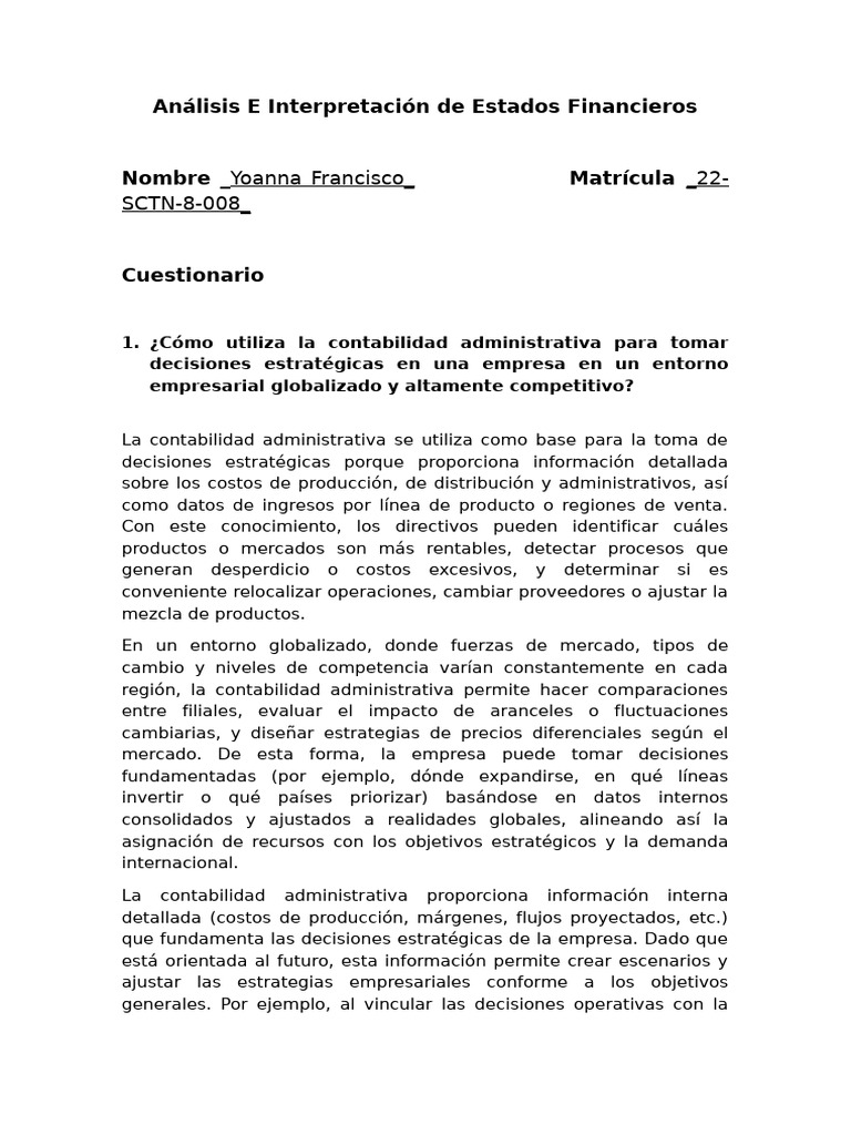 CUESTIONARIO de ANALISIS E INTERPRETACION DE ESTADOS FINANCIEROS | PDF | Presupuesto | Contabilidad