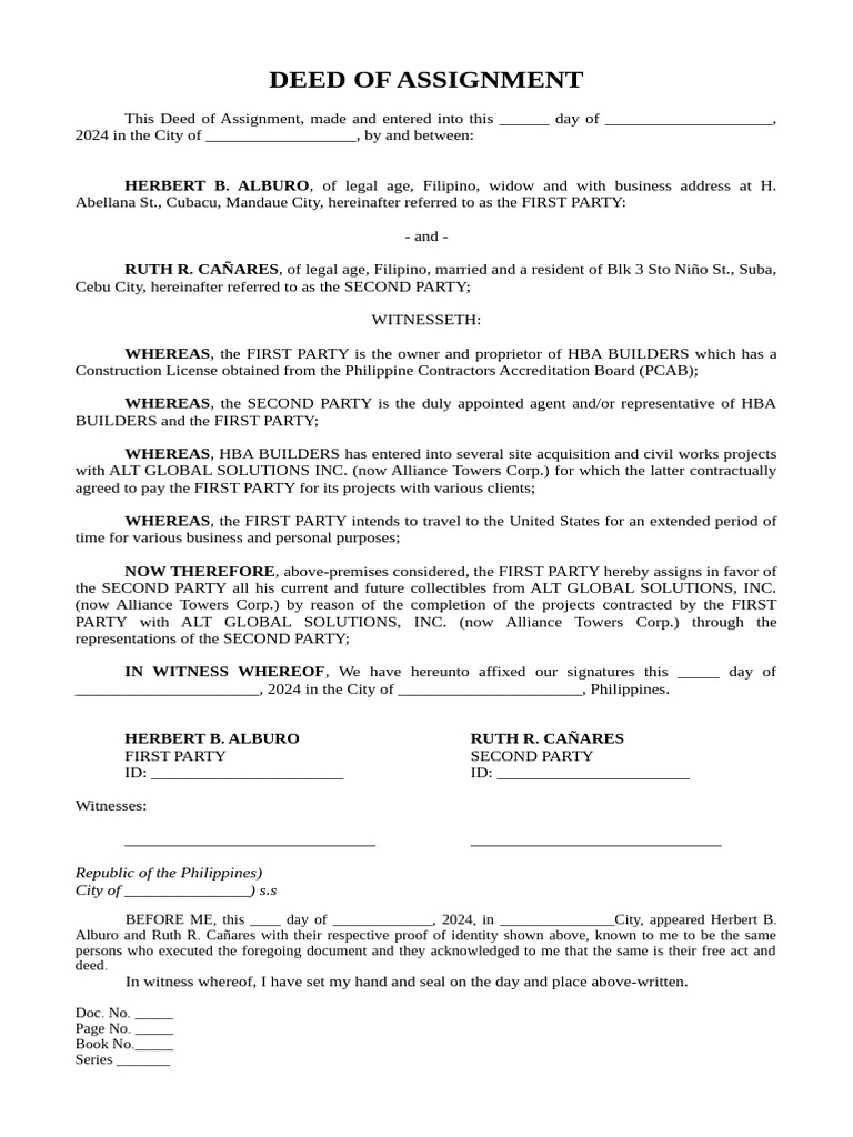 Deed of Assignment for HBA Builders | PDF | Private Law | Legal Documents