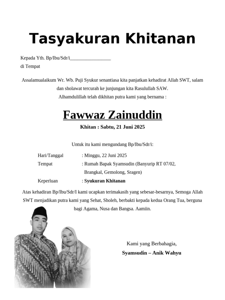 Undangan Syukuran Khitanan Fawwaz | PDF