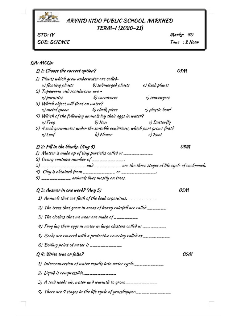 Class 4 Term 1 Science Paper | PDF