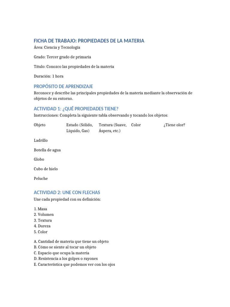 Ficha de Trabajo: Propiedades de la Materia | PDF