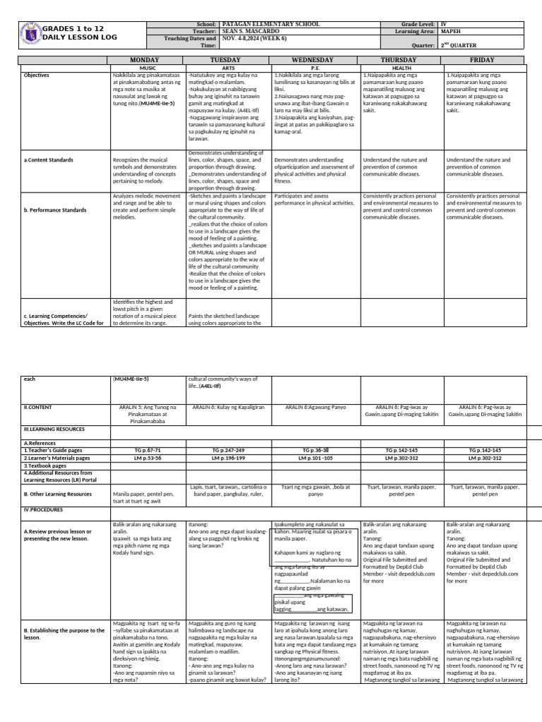 DLL - Mapeh 4 - Q2 - W6 | PDF