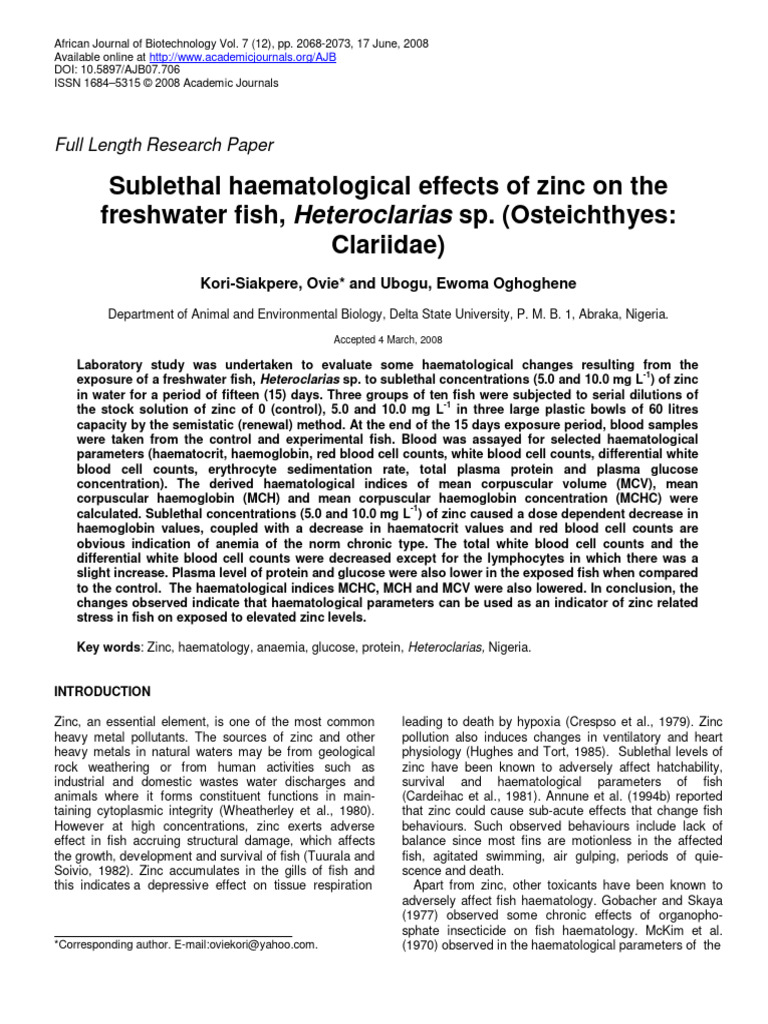 Sublethal Haematological Effects of Zinc On The Freshwater Fish ...
