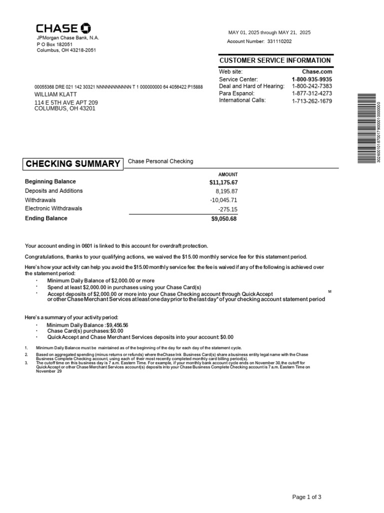 Chase Bank Statement 331110202 William Klatt | PDF | Banks | Automated ...