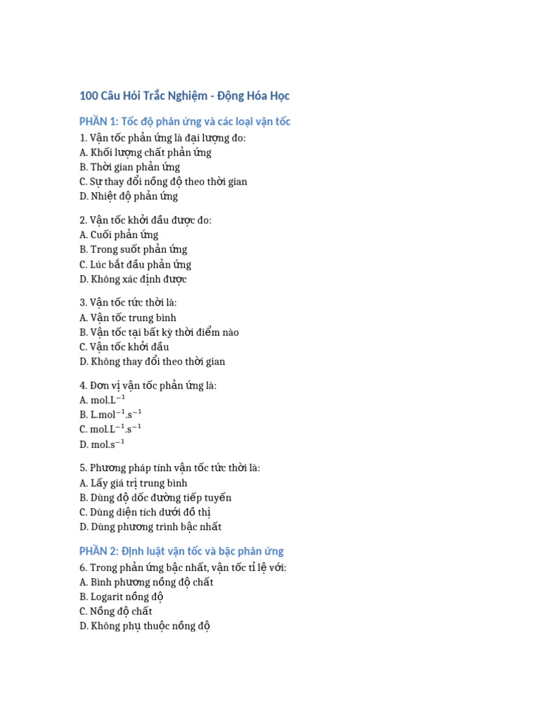 100 Cau Hoi Trac Nghiem Day Du Va Dap An | PDF