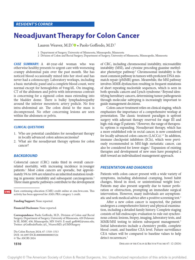 Neoadjuvant Therapy for Colon Cancer | PDF | Colorectal Cancer | Cancer