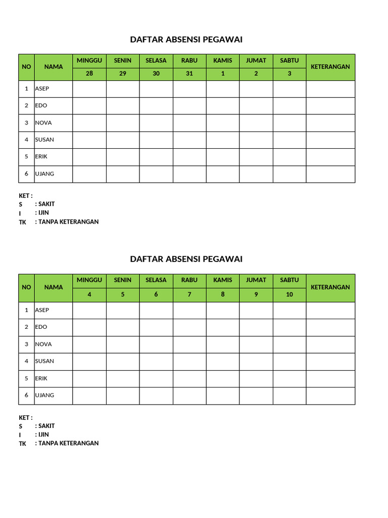 Daftar Absensi Pegawai Harian | PDF
