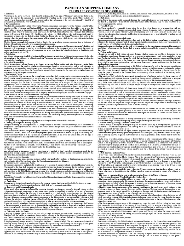 Panocean Shipping Terms of Carriage | PDF | Bill Of Lading | Cargo