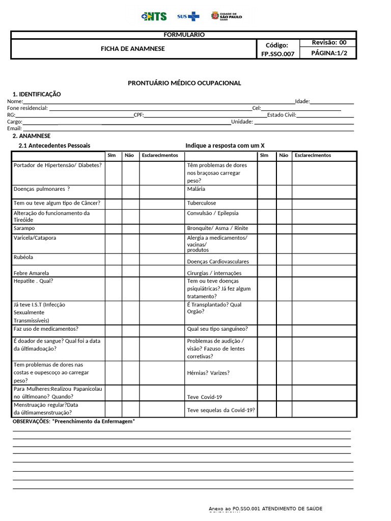 FP - SSO - .007 00 Ficha de Anamnese Prontuario Ocupacional | PDF | Especialidades médicas ...