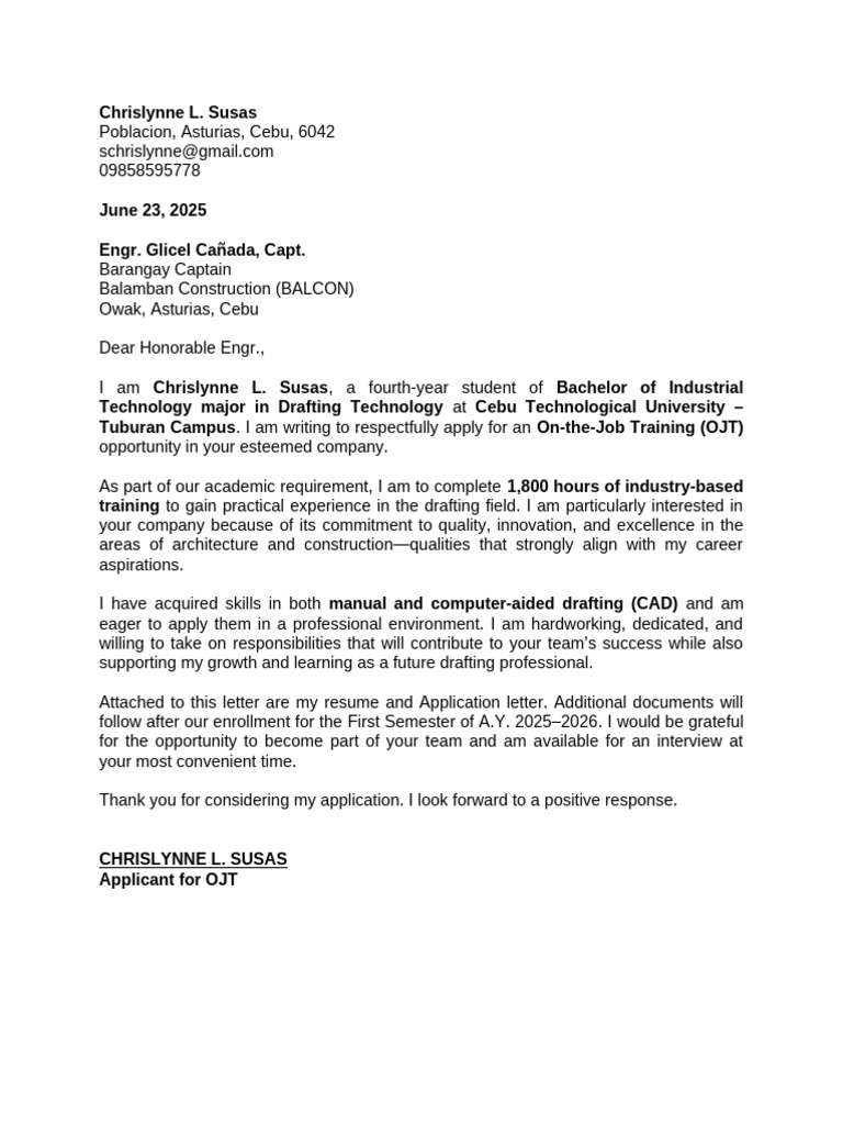 OJT Application Letter for Drafting Student | PDF