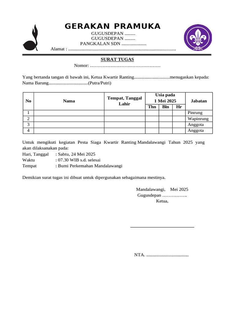 Gerakan Pramuka Surat Tugas Gudep | PDF