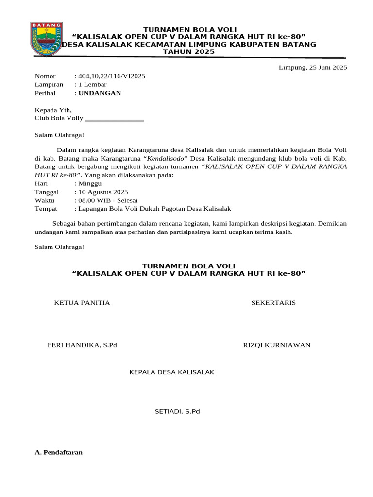 Surat Undangan Turnamen Bola Volly Desa Gambiranom | PDF