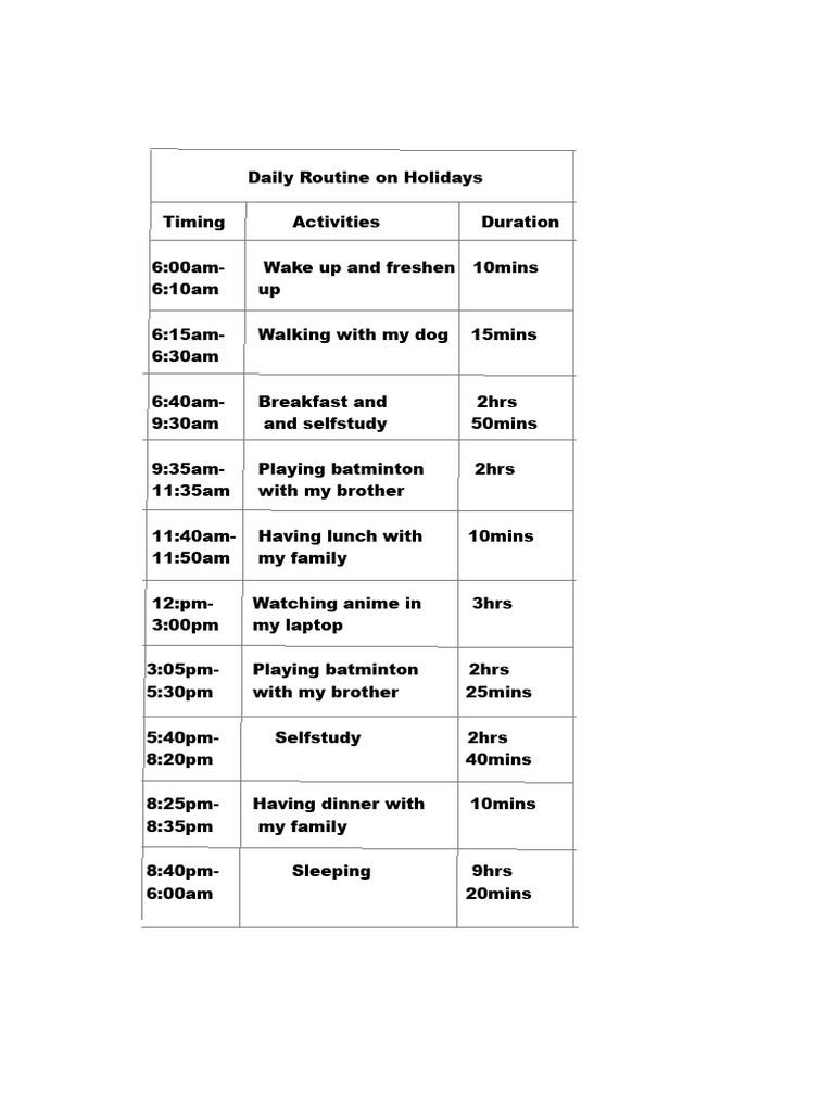 Holiday Daily Routine for Students | PDF
