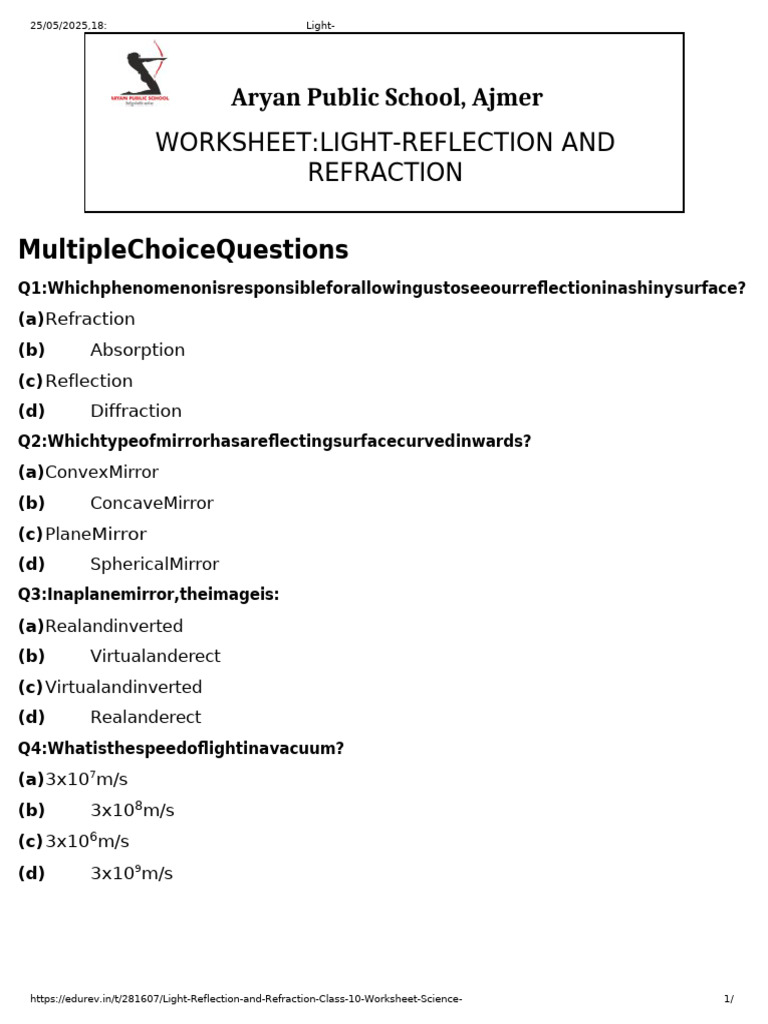 Light - Reflection and Refraction Class 10 Worksheet Science | PDF ...