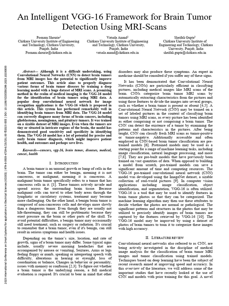 An Intelligent VGG-16 Framework For Brain Tumor Detection Using MRI-Scans | PDF | Brain Tumor ...