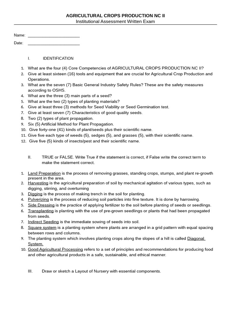 Agricultural Crops Production NC II Test | PDF | Seed | Sowing