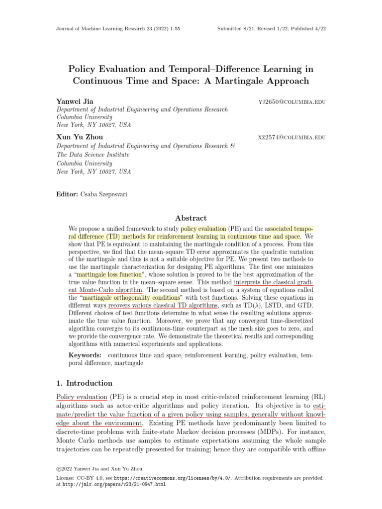 Policy Evaluation and Temporal-Difference Learning in Continuous Time ...